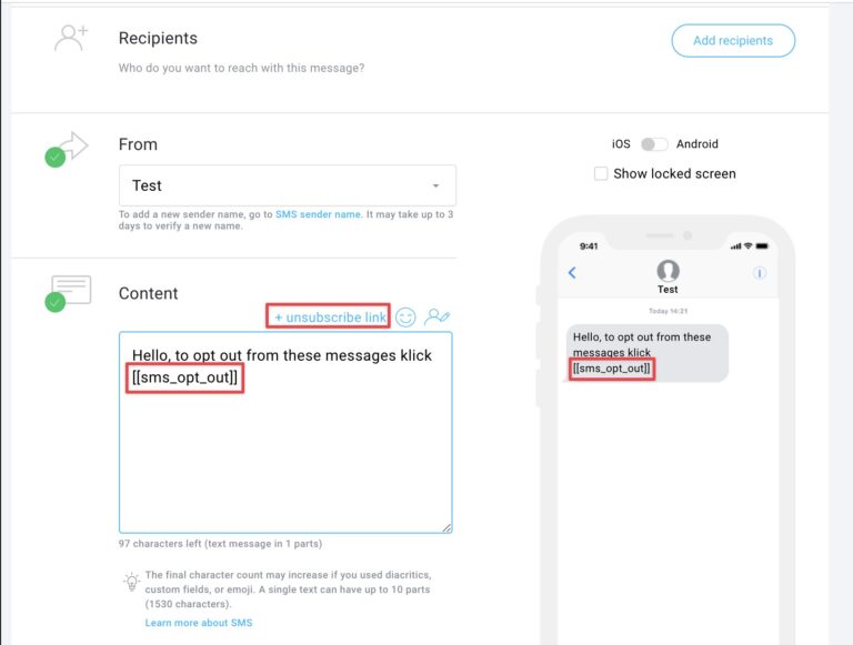 How to add an opt-out from SMS link to my messages?