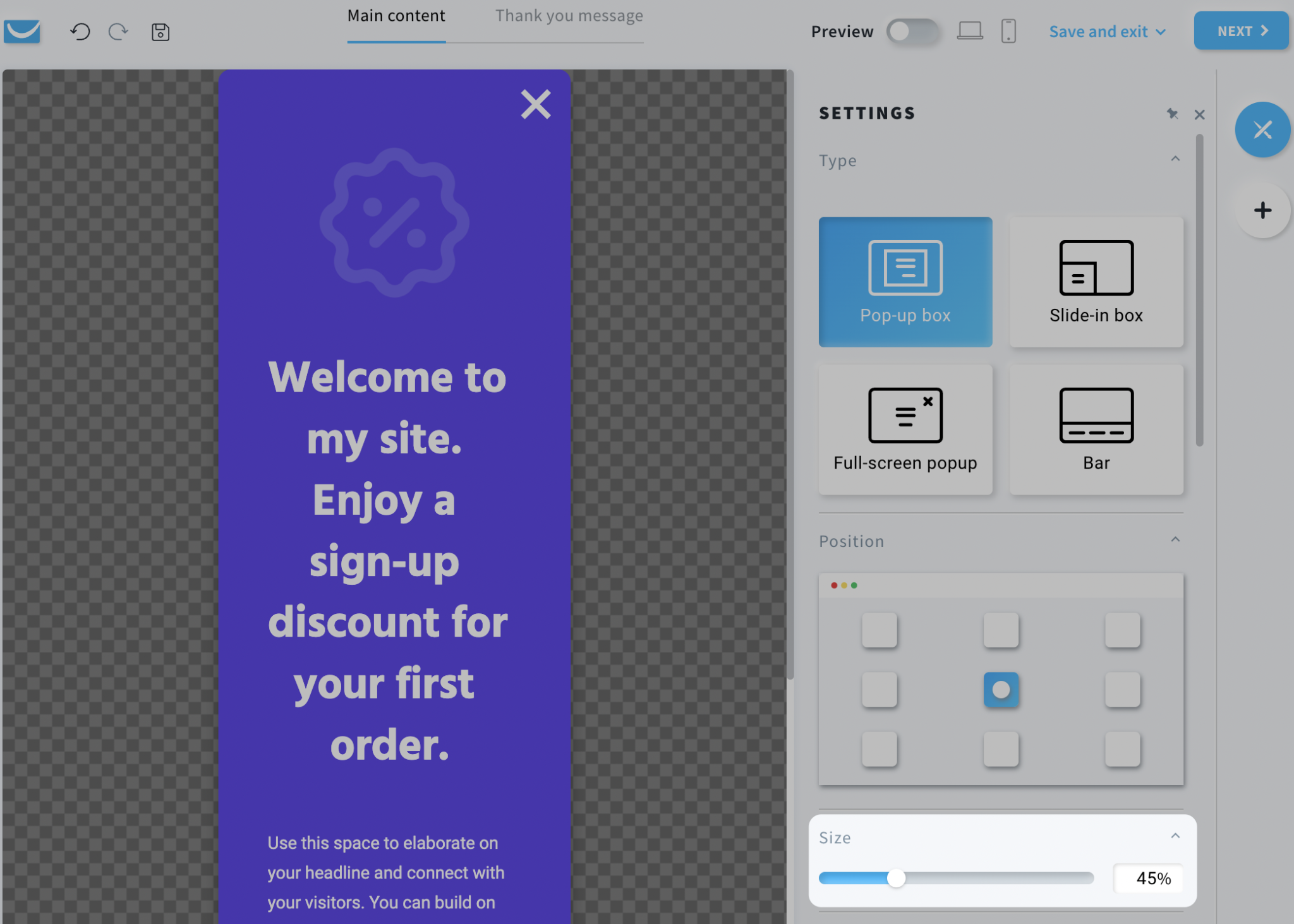 How to change the size of popup?