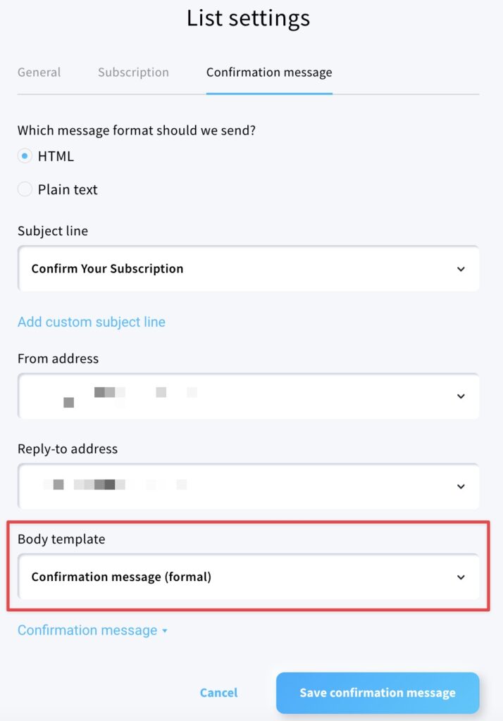 How to add a custom confirmation message template in MAX accounts?