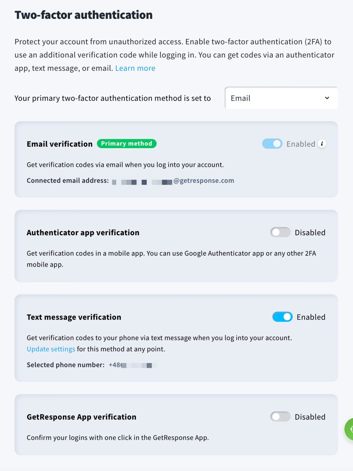 How to use two-factor authentication in GetResponse?