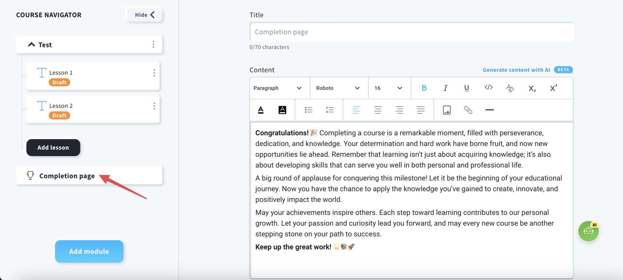 How to create a completion page?