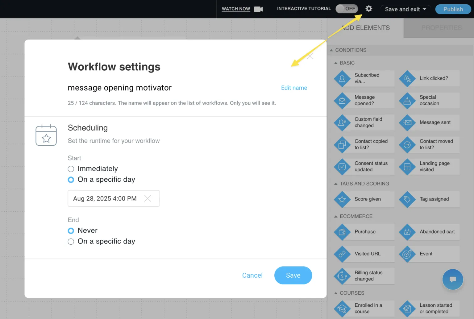 How to define the time when my workflow starts and ends?